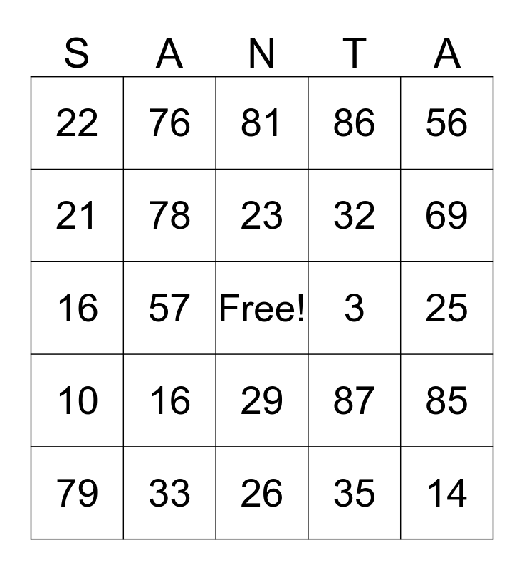 SANTA BINGO Card