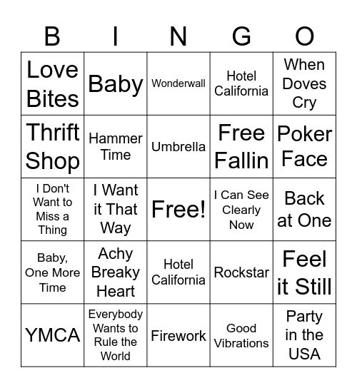 Name That Song Bingo Card