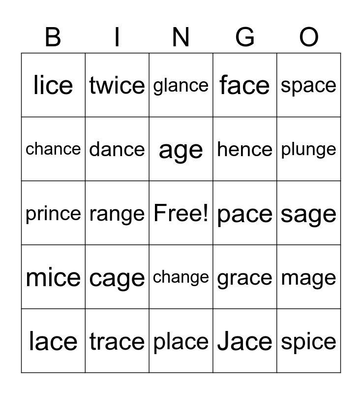 UFLI 61: ge and ce Bingo Card