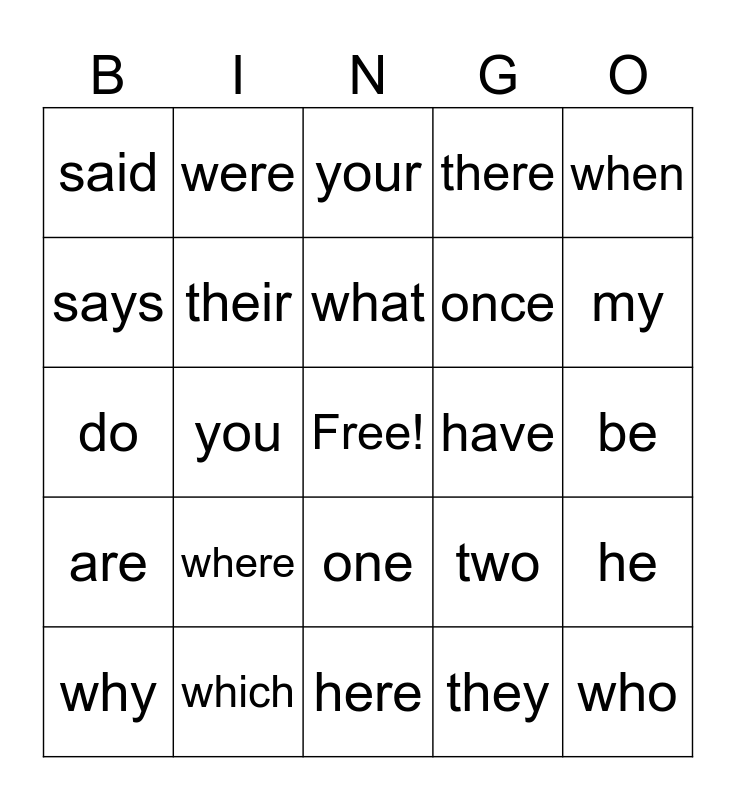 Tricky Word Bingo Card
