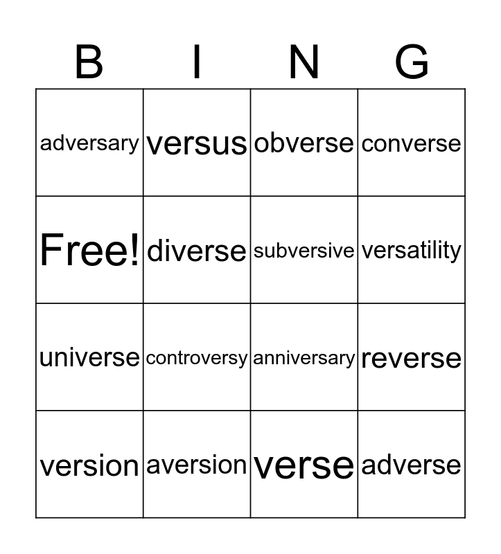 Latin Root: vers Bingo Card