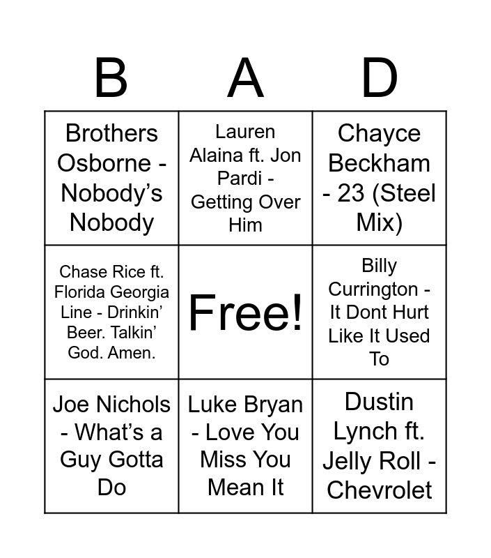 Bad Song Bingo Card