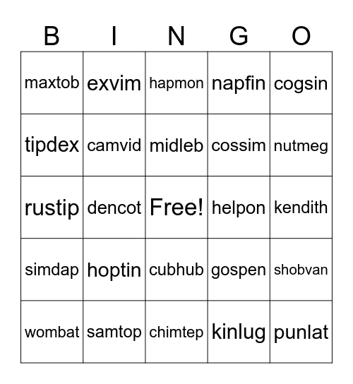 Syllable Bingo Card