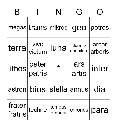 Root Words 52-80 Bingo Card