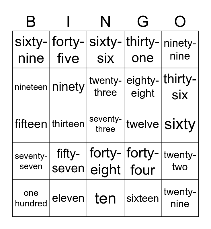 1-100 number bingo Card