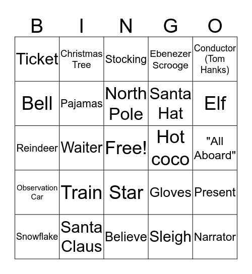 Polar Express Bingo Card