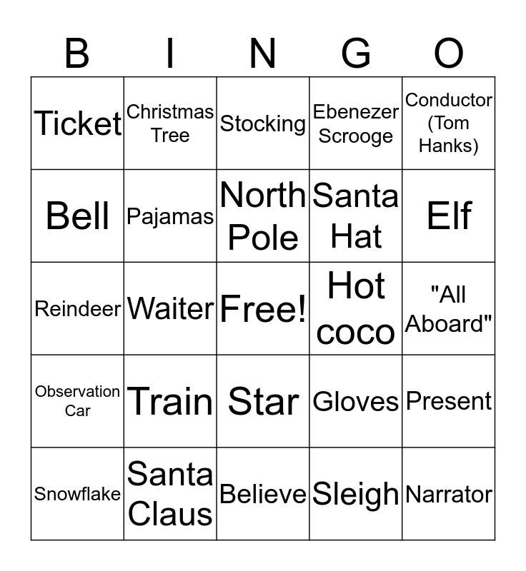 Polar Express Bingo Card