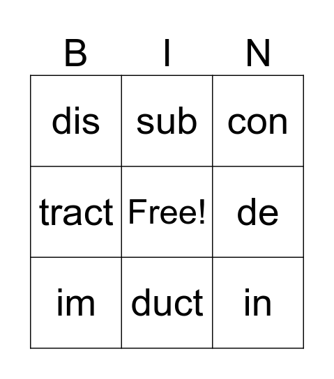 Prefixes, Suffixes, Roots Bingo Card