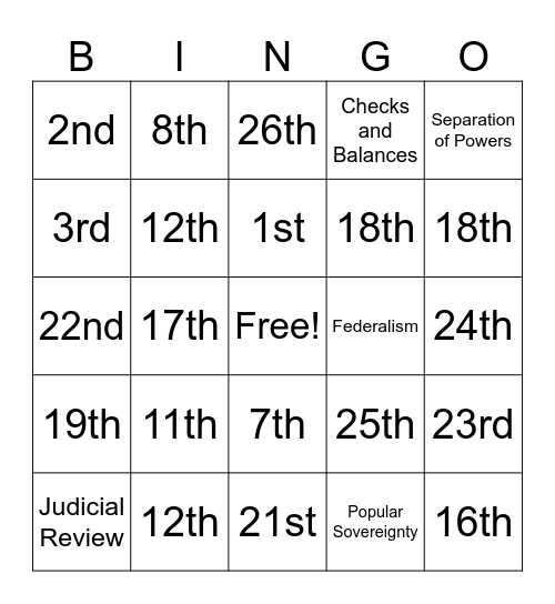 Constitution and Amendment Bingo Card