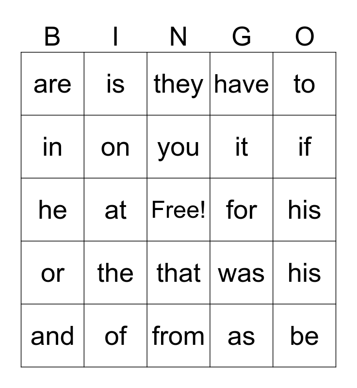 8th Small Groups-High Frequency Words Bingo Card