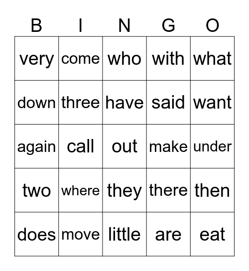 High Frequency Words Bingo Card