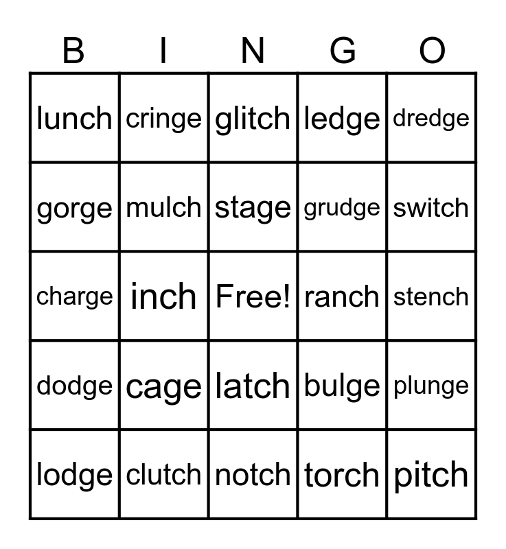 Spelling Rule: -ck, -tch, -dge, Lesson 1 Bingo Card