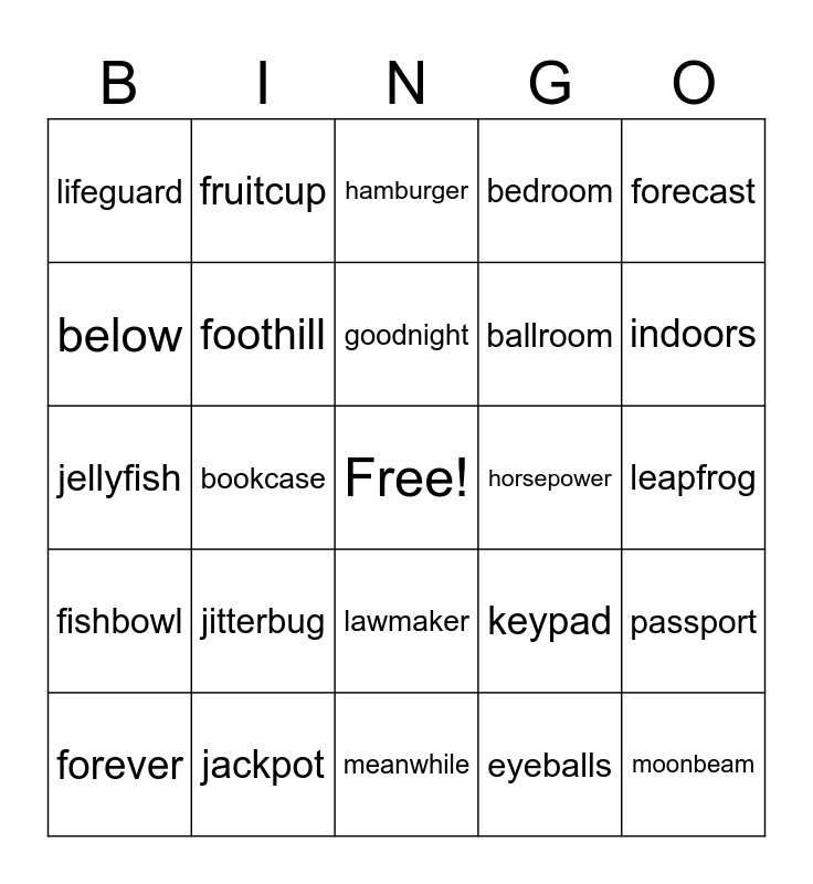 Compound Words Bingo Card