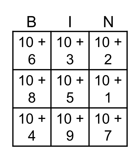 Teen numbers Bingo Card
