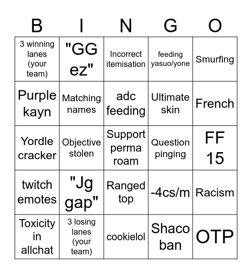 League of legends bingo Card