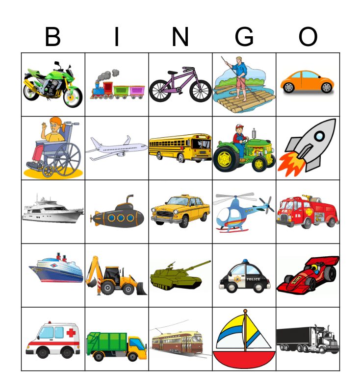 Vehicles Bingo Card