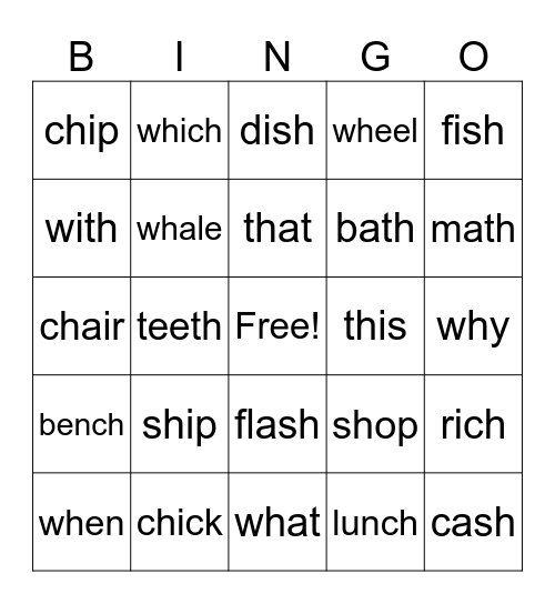 SH, CH, TH, and WH Digraph Bingo Card