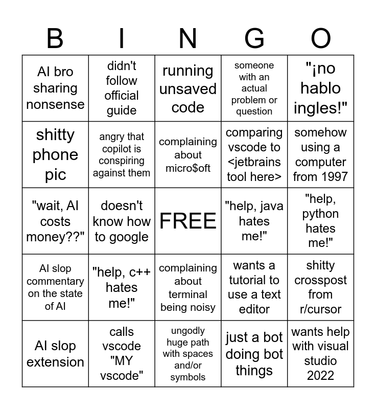 r/vscode bingo Card
