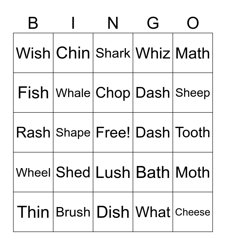 Digraph Bingo Card