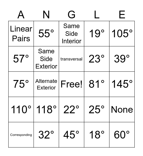 Parallel Lines and Transversals Bingo Card