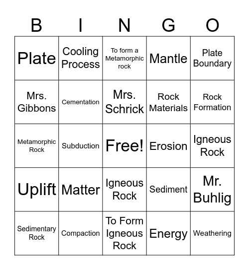 Rock Transformation Bingo Card