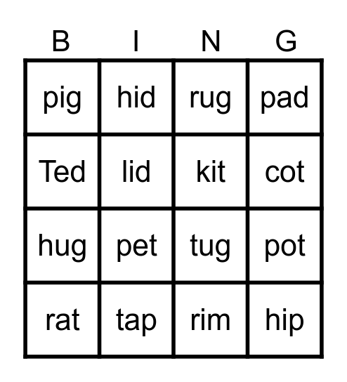 CVC Words Bingo Card