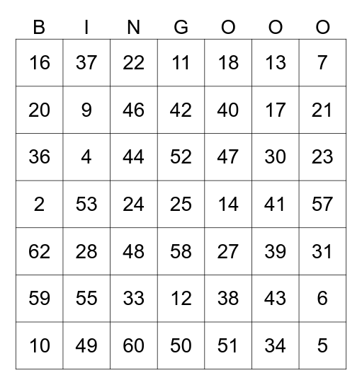 Numbers Bingo Card