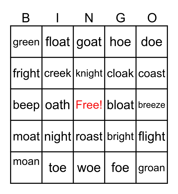 Vowel Teams Bingo Card
