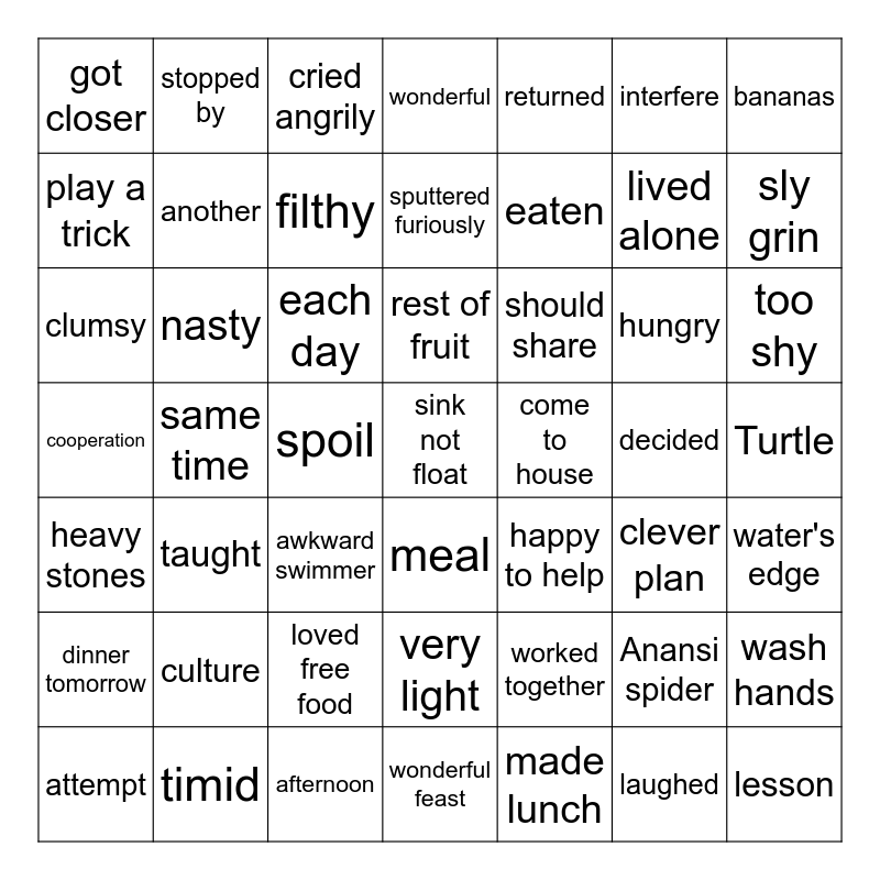 Anansi Learns a Lesson Bingo Card