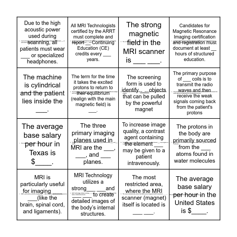 MRI BINGO Card