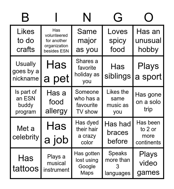 Speed Friending! Bingo Card