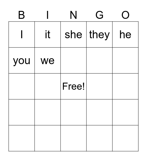Pronoun Bingo Card
