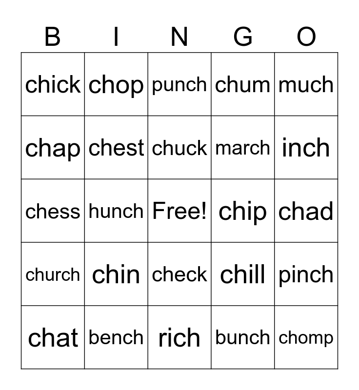 Ch digraphs Bingo Card