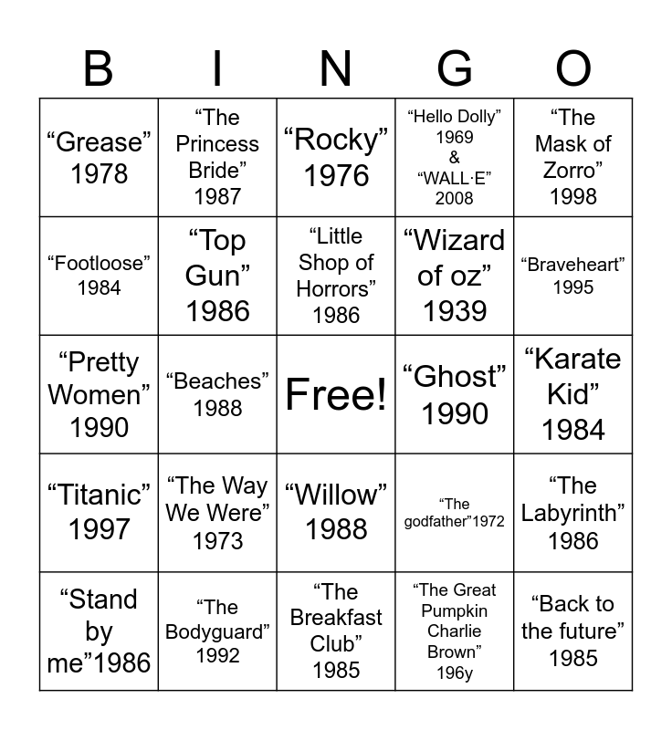 Classic Movie Music Round 1 Bingo Card