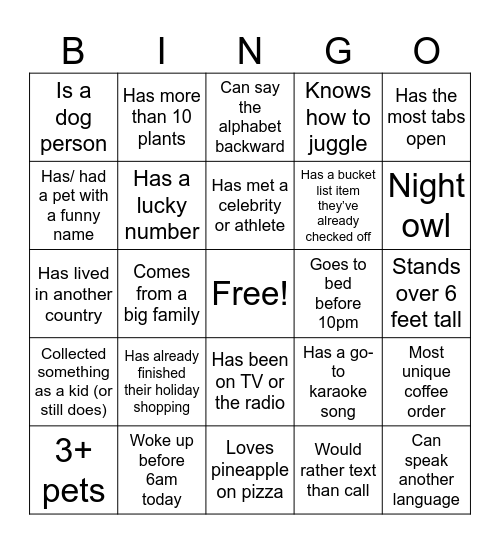 Lunch Bingo Card
