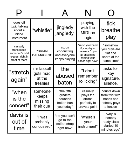 concert band bingo Card