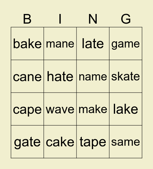 long vowel A Bingo Card