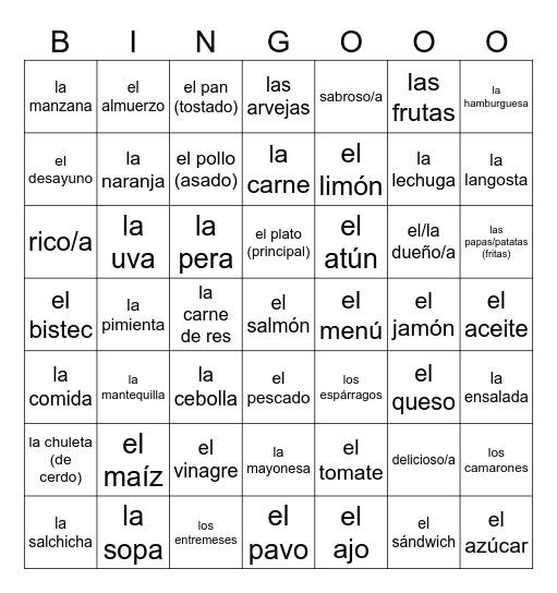 Las comidas y Bebidas Bingo Card