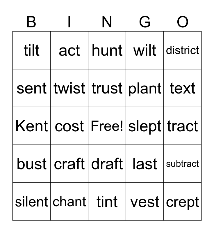 Ending T Blends Bingo Card