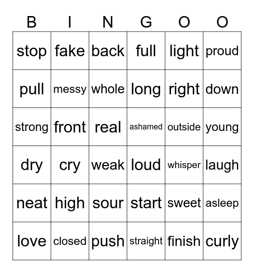 Opposites Bingoo Bingo Card