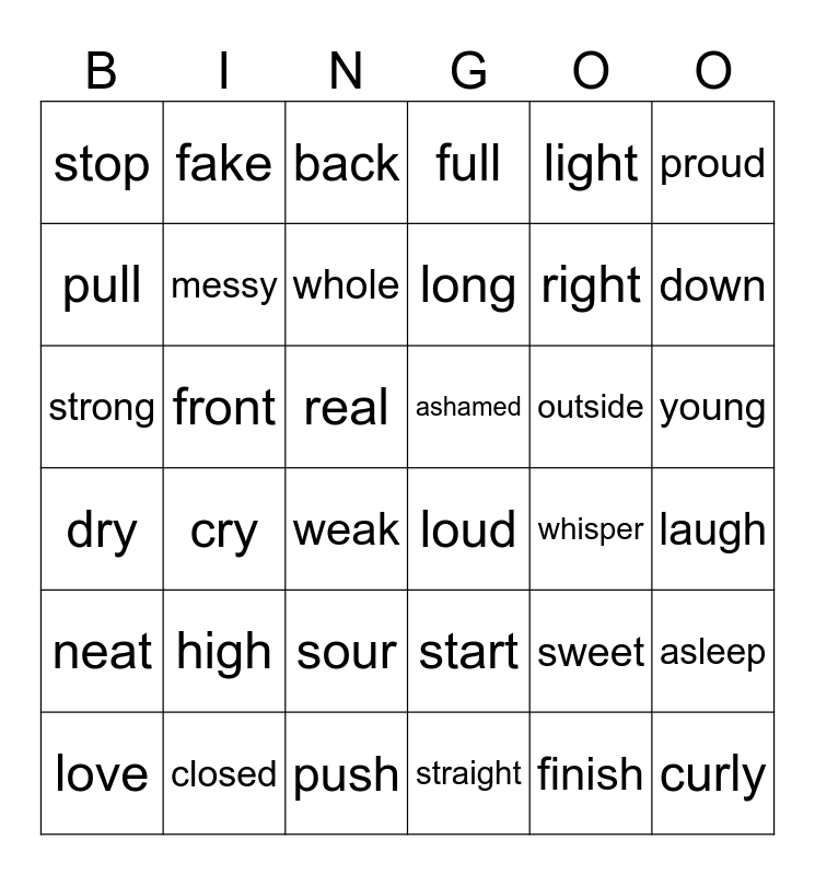 Opposites Bingoo Bingo Card