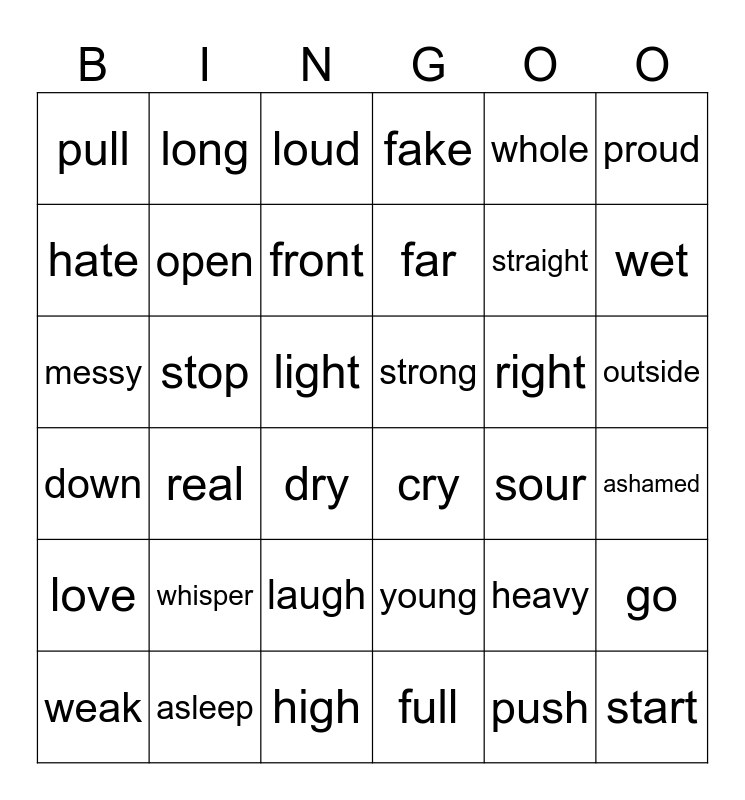 Opposites Bingoo Bingo Card