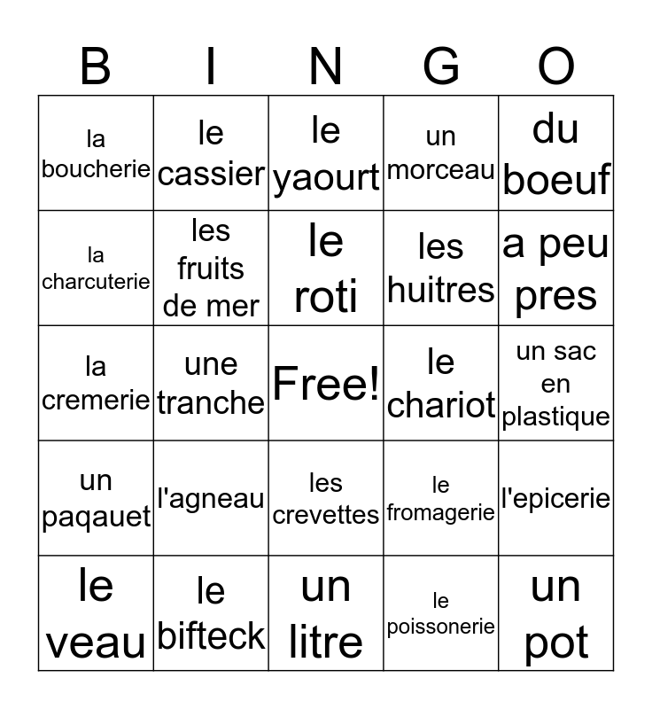 Ch. 3, voc. 1 French 2 Bingo Card