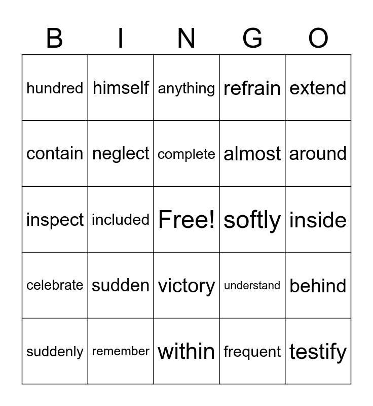 Multisyllabic Words Bingo Card