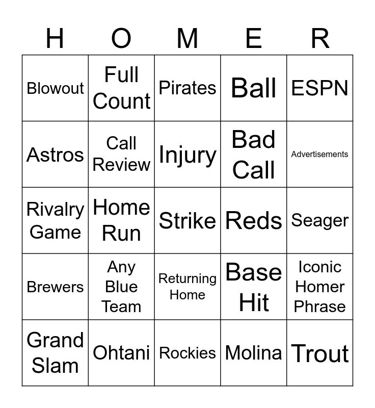 MLB Bingo Card