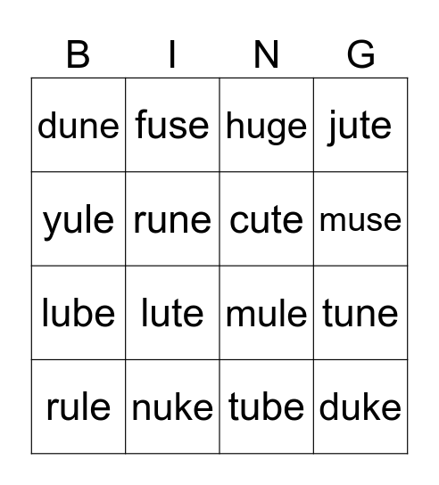 CVCE Long U and Long E Bingo Card