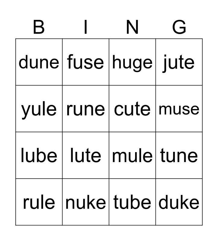 CVCE Long U and Long E Bingo Card