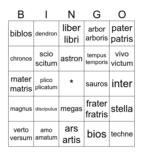 Latin and Greek Word Roots Bingo Card