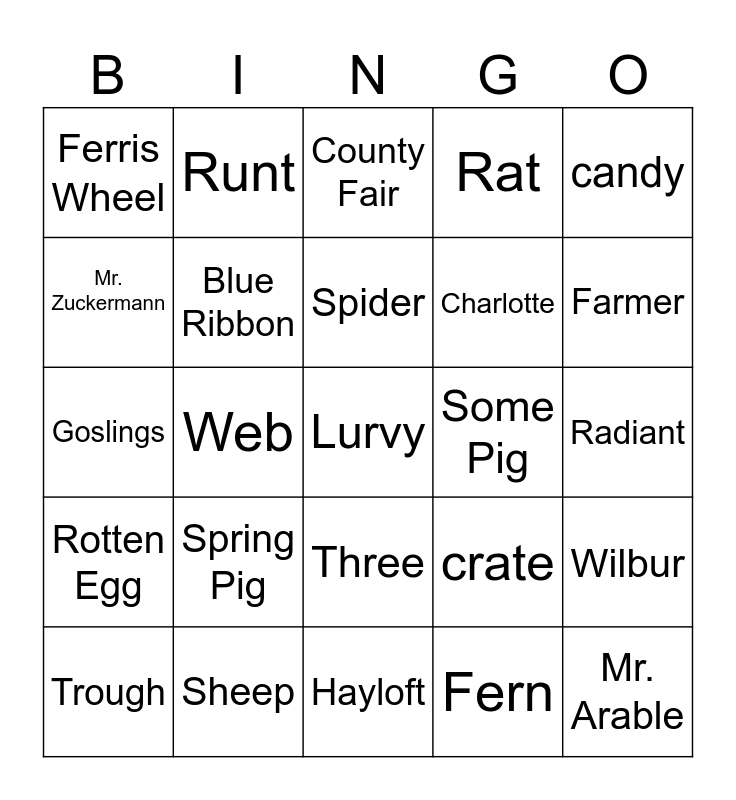 Charlotte's Web Bingo Card