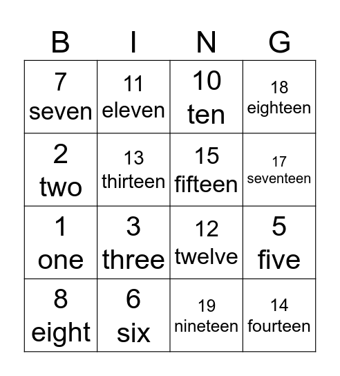 numbers Bingo Card